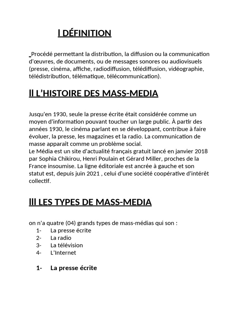 Les Mass-Médias : Définition et Types | PDF | Réseaux sociaux | Études ...