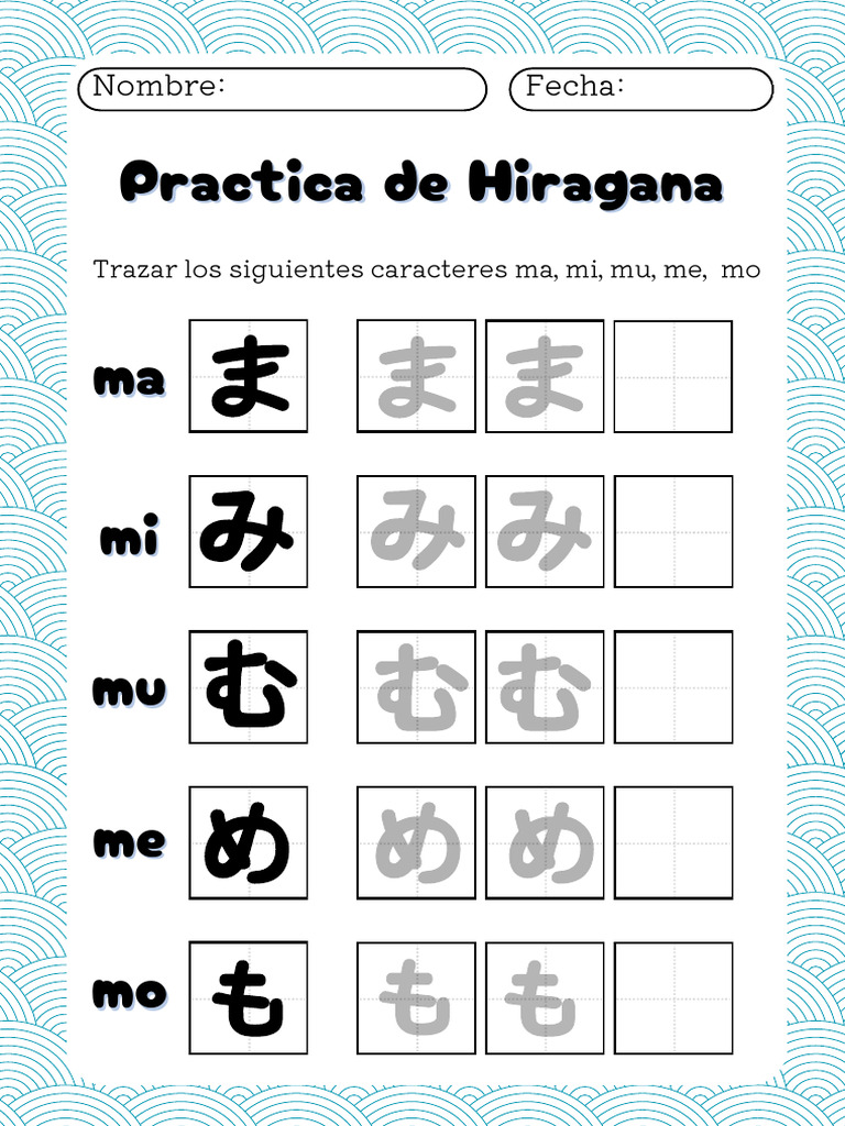 Japanese Beginner Hiragana Worksheet in White Teal Cute Style | PDF