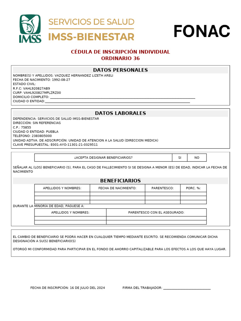Cédula de Inscripción Individual IMSS | PDF