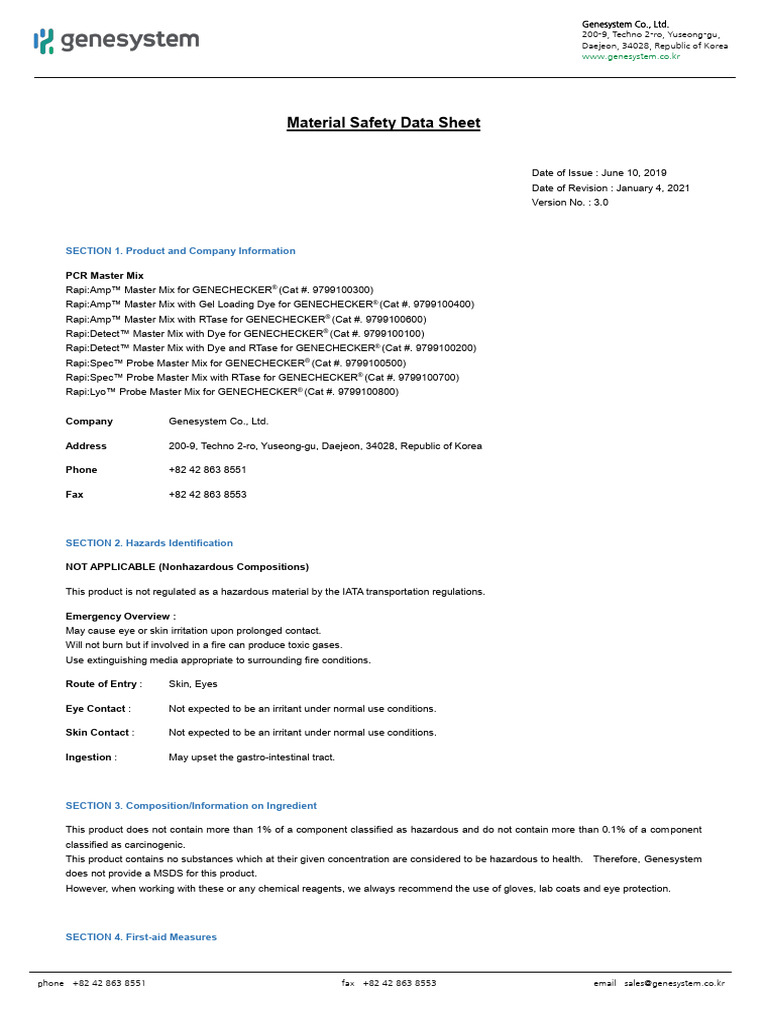 MSDS for PCR Master Mix | PDF | Firefighting | Water