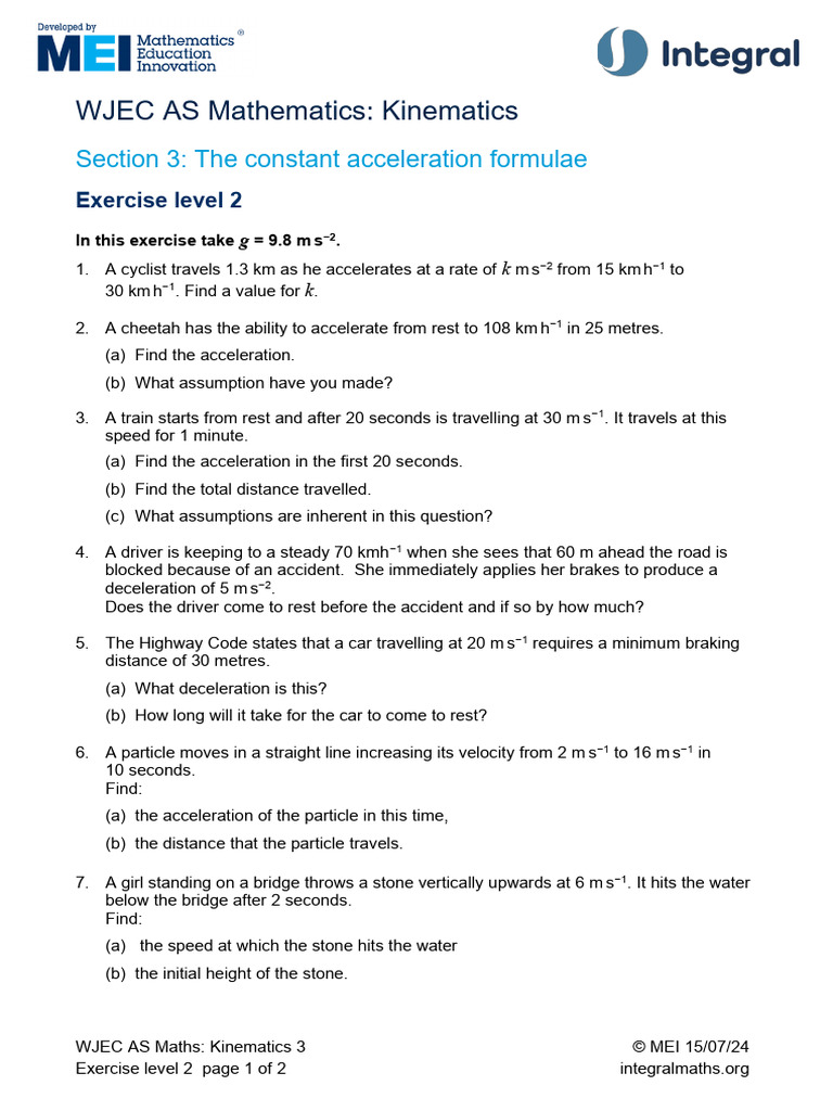 Kinematics: Constant Acceleration Exercises | PDF | Acceleration | Speed
