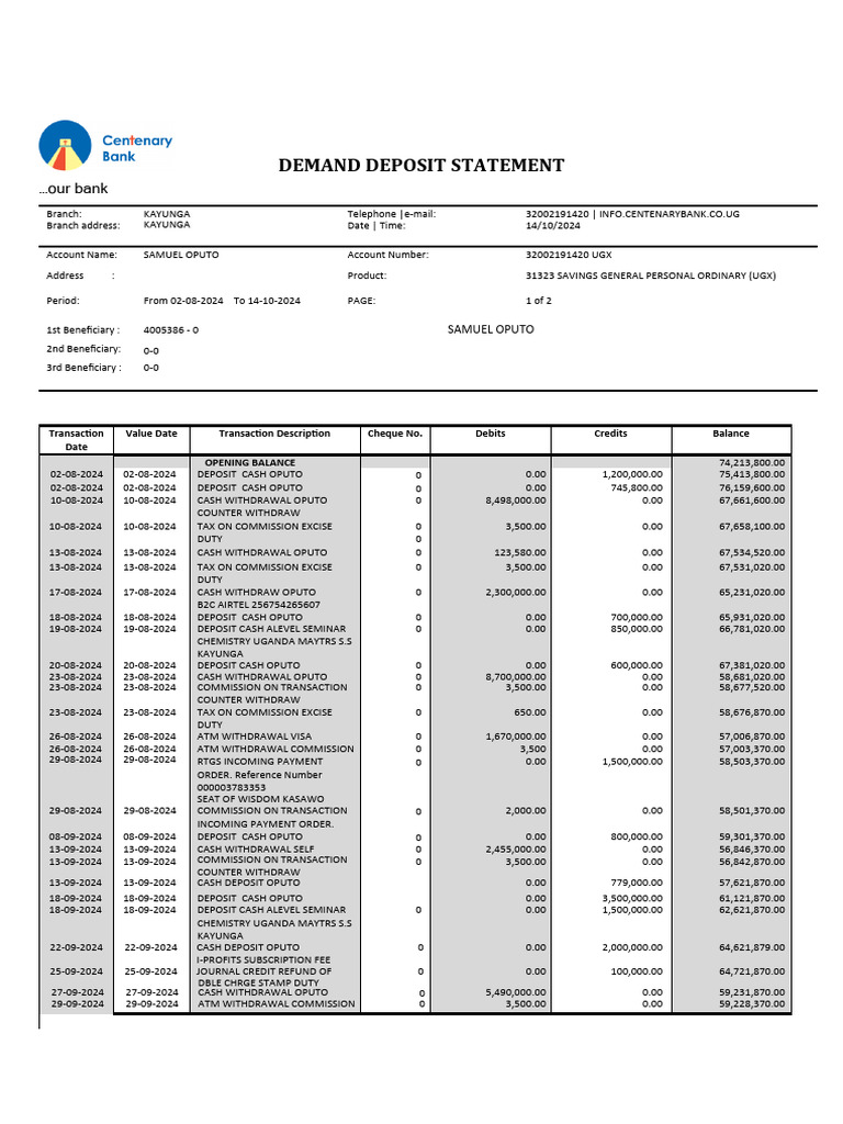 Centenary Bank Statement Oputo 3 | PDF | Transaction Account | Overdraft