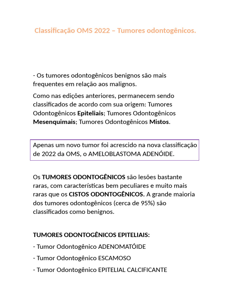 Tumores - Classificação OMS 2022 | PDF | Neoplasmas | Dente humano