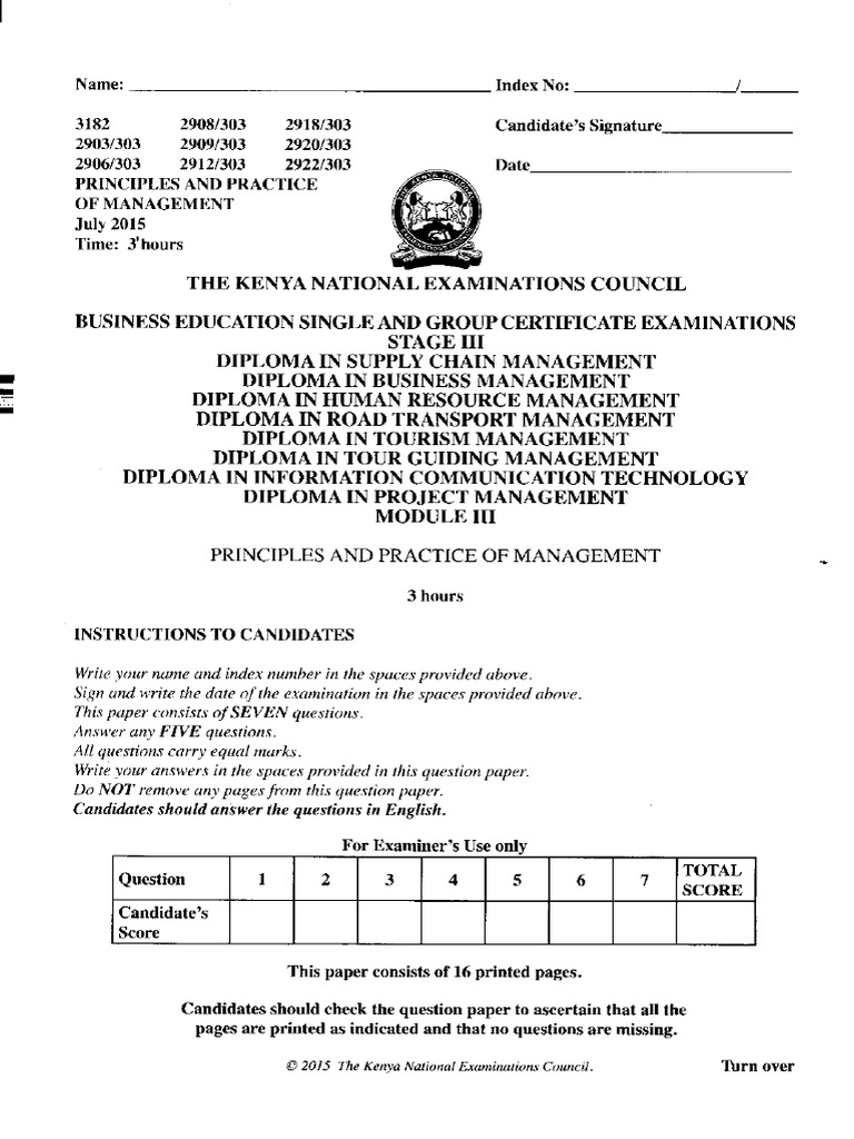 Principles and Practices of Management KNEC Past Exam Papers July 2015 ...