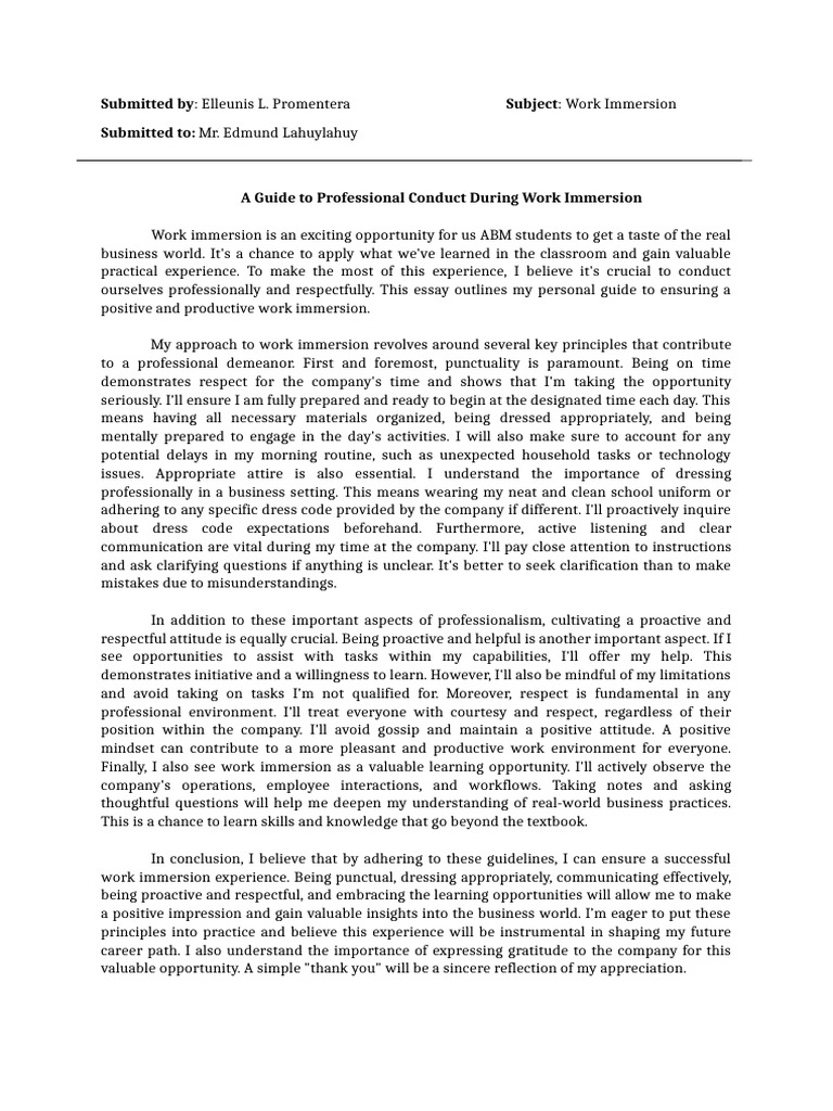 essay for work immersion | PDF | Experience | Learning