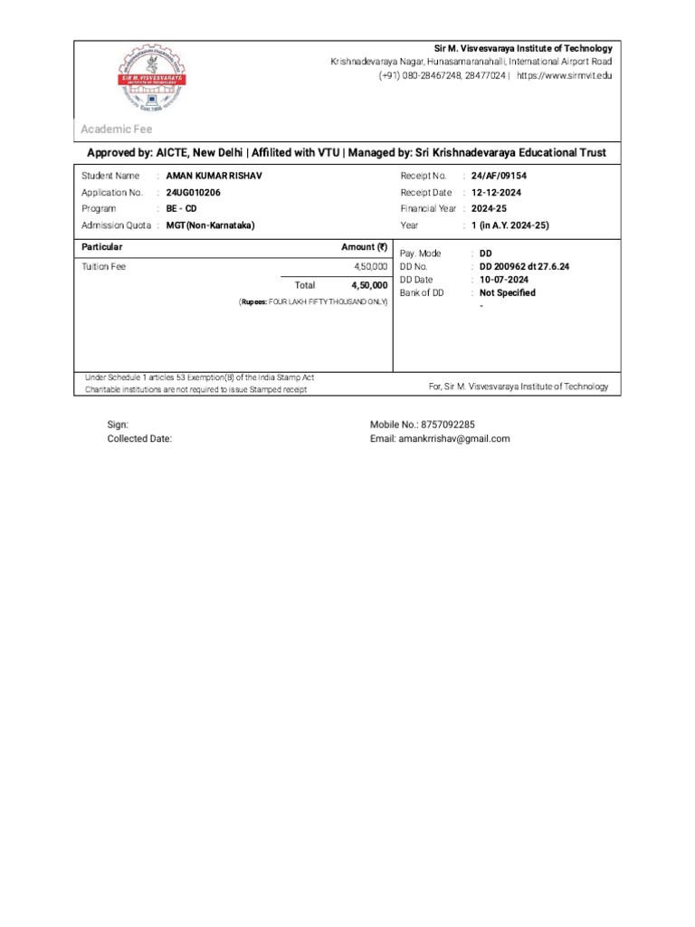 Fees Receipt Smvit | PDF