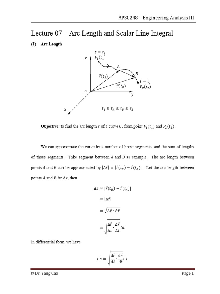 Lecture 07 - Arc Length and Line Integral | PDF | Curve | Integral