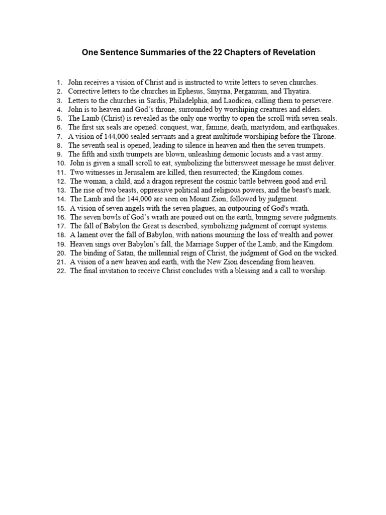 One Sentence Summaries of The 22 Chapters of Revelation | PDF