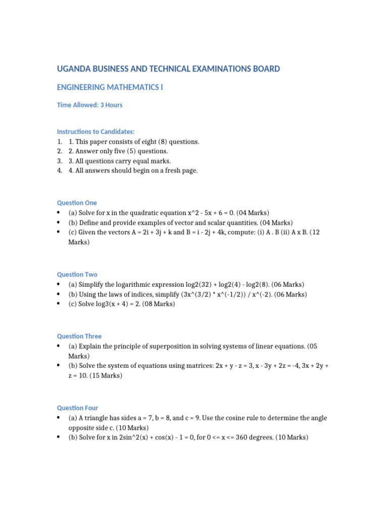 Engineering Mathematics I Exam Guide | PDF