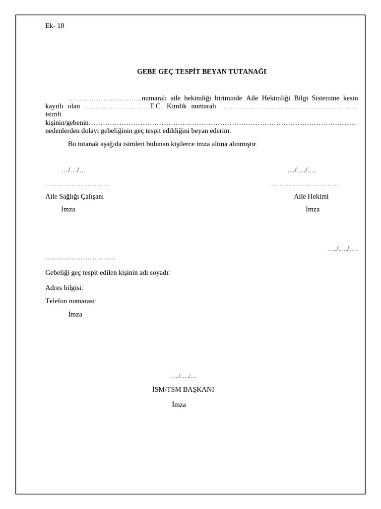 Ek - Ek-10 GEBE GEÇ TESPİT BEYAN TUTANAĞI | PDF