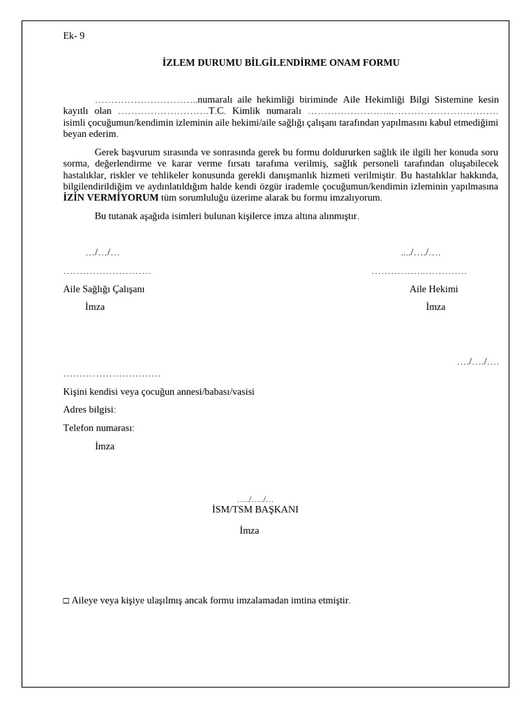 Ek_Ek-9 İZLEM DURUMU BİLGİLENDİRME ONAM FORMU | PDF