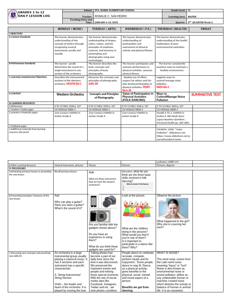 DLL_MAPEH-6_Q3_W4 | PDF | Film Speed | Woodwind Instruments