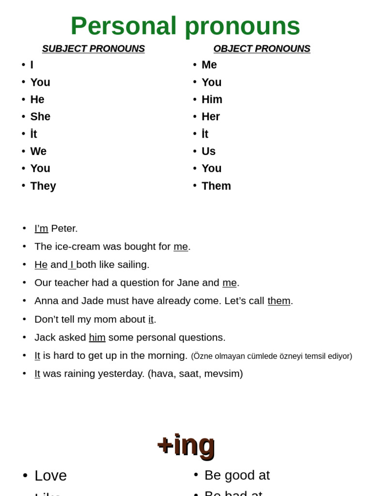 Personal Pronouns: I You He She İt We You They Me You Him Her İt Us You ...