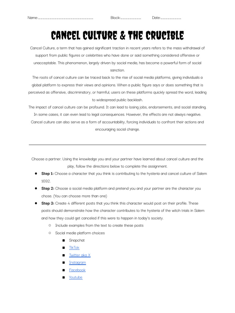 Cancel Culture Assignment | PDF | Social Media | Popular Culture ...