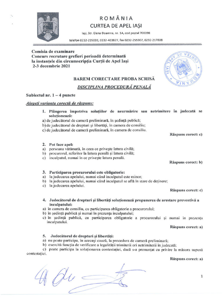 Barem Corectare Procedura Penala Concurs Grefieri 2-3 Decembrie 2021 | PDF