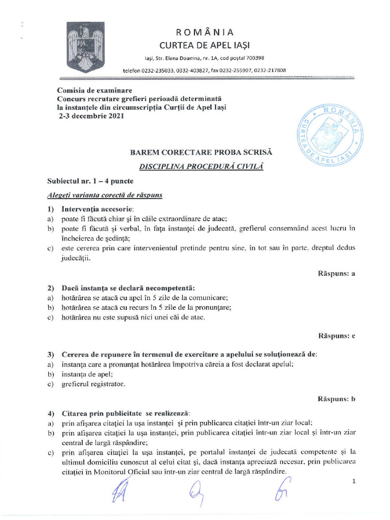 Barem Corectare Procedura Civila Concurs Grefieri 2-3 Decembrie 2021 | PDF