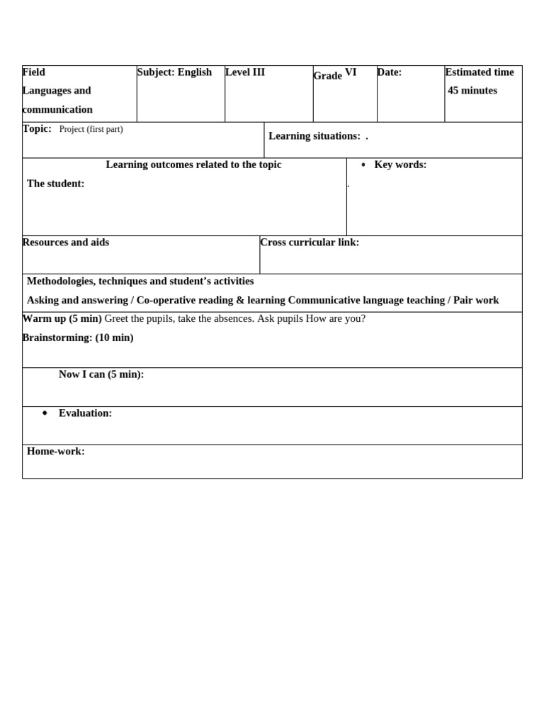 English Project Overview for Grade VI | PDF