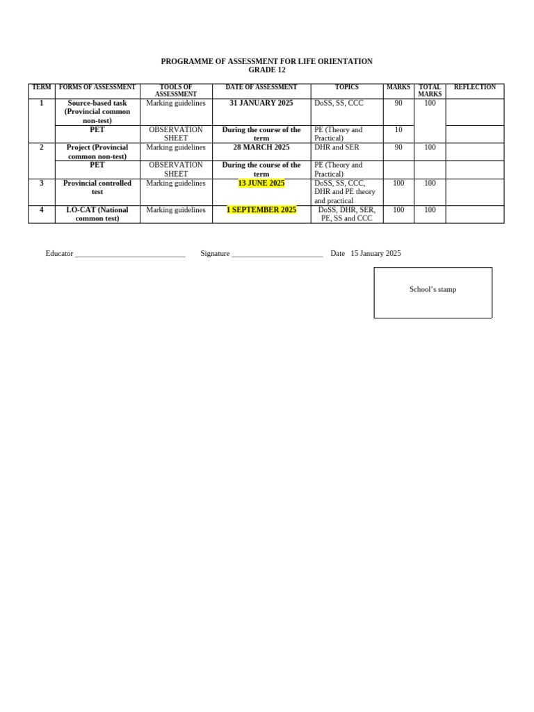 2025 - GR - 12 - Lo Programme of Assessment | PDF
