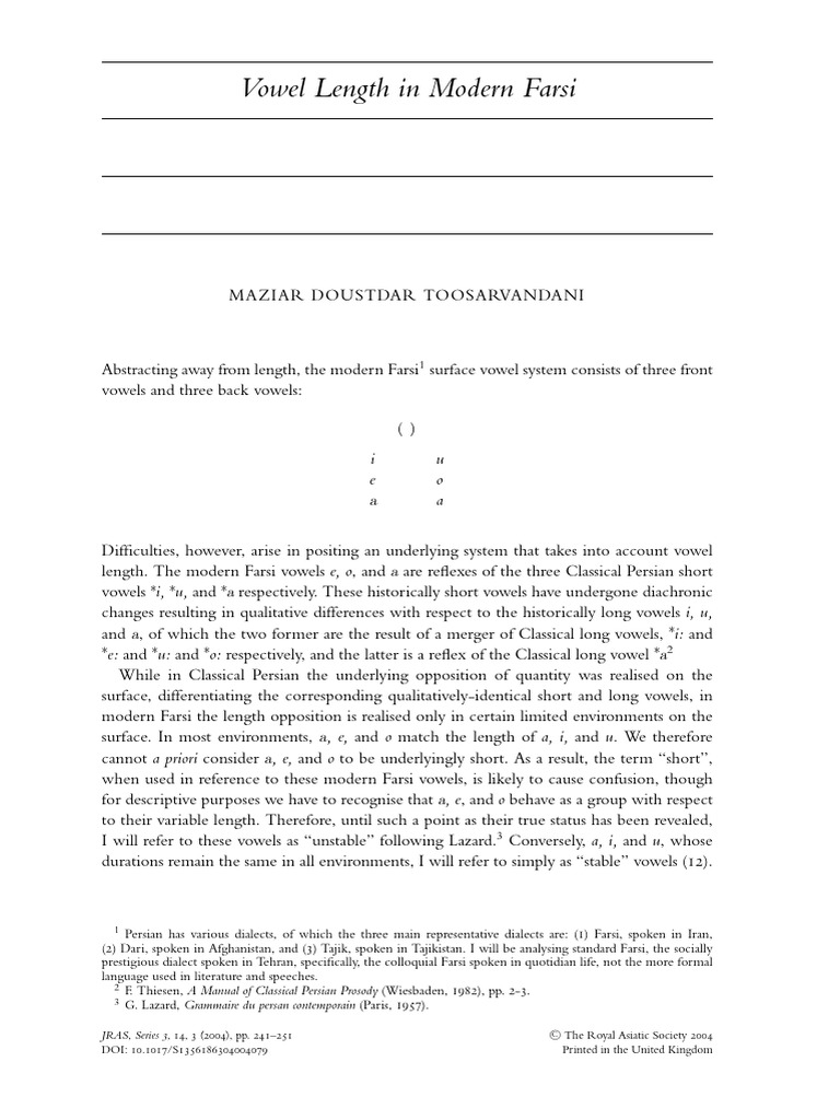 Vowel Length in Modern Farsi | PDF | Persian Language | Vowel