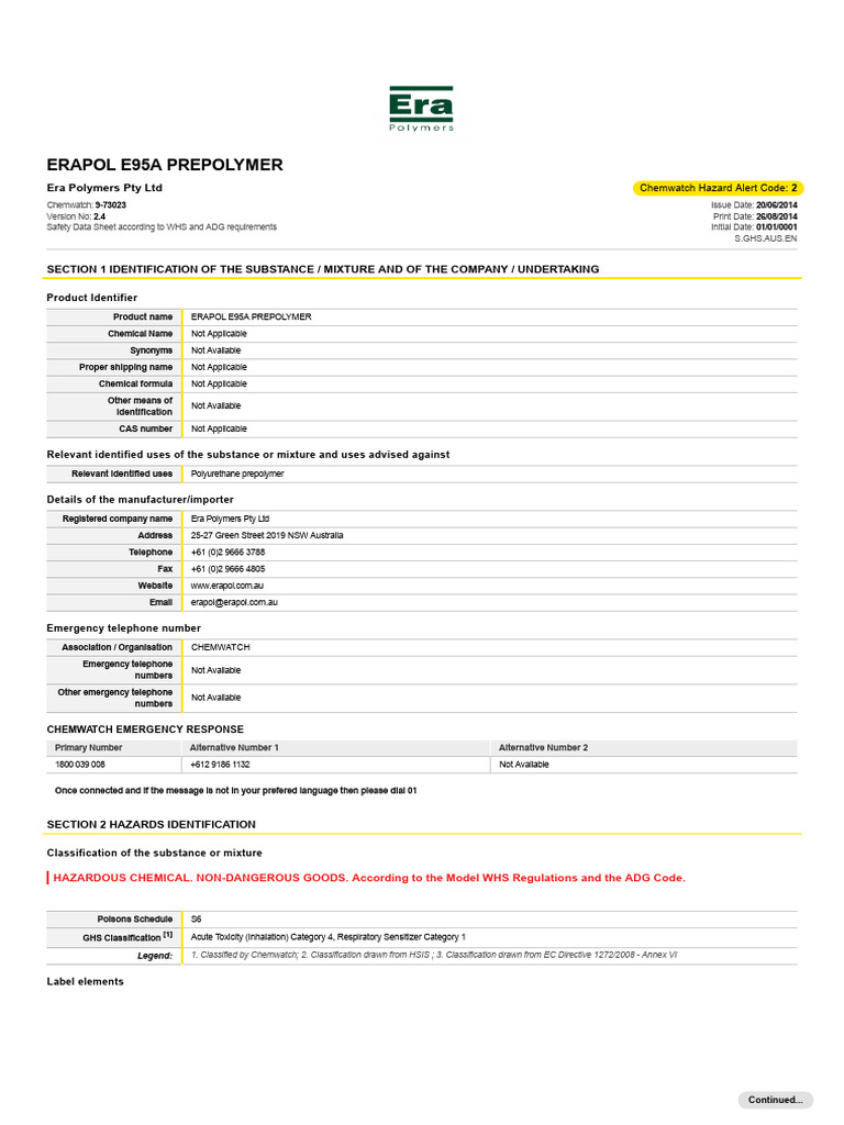 Erapol e95a Prepolymer Ghs Australia | PDF | Chemical Substances | Safety