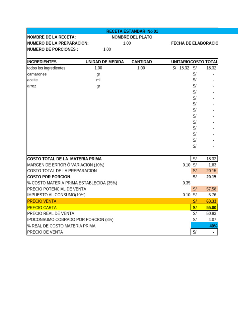Formato de Food Cost | PDF