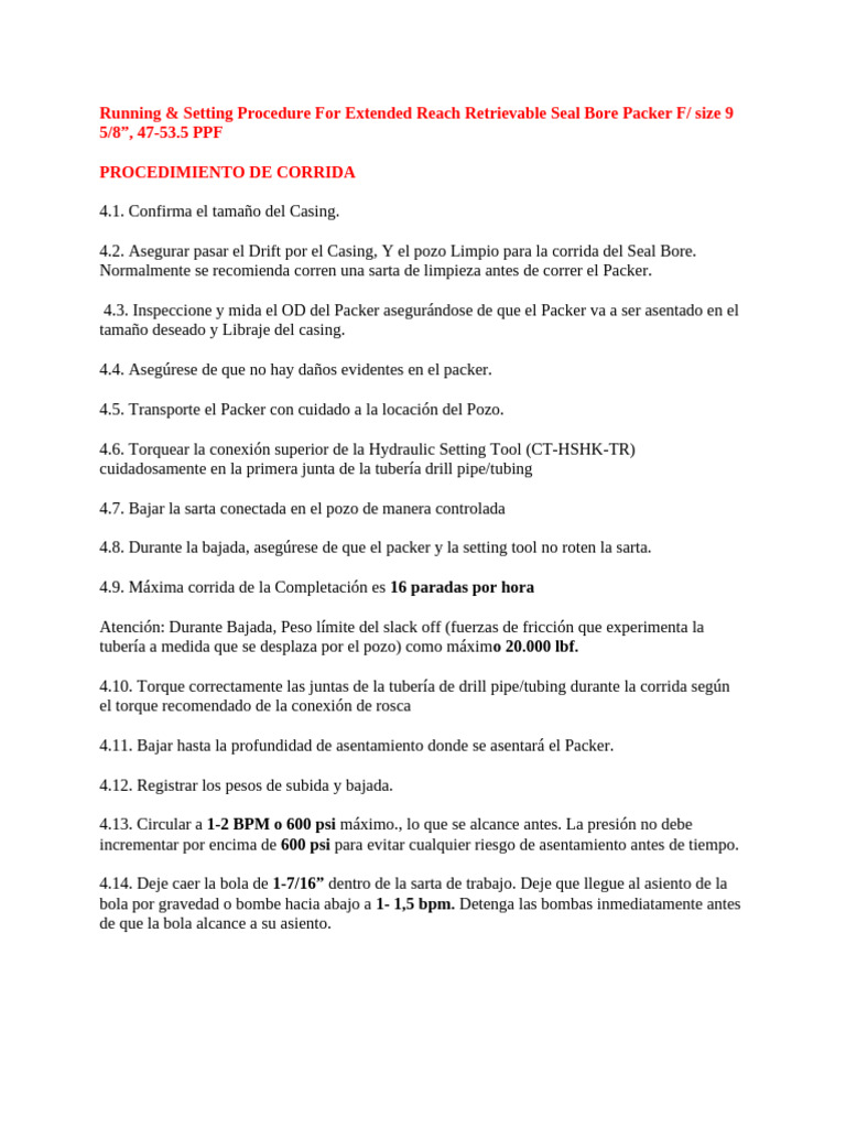 Procedimiento para Packer Seal Bore ERD | PDF | Presión | Ingeniería ...