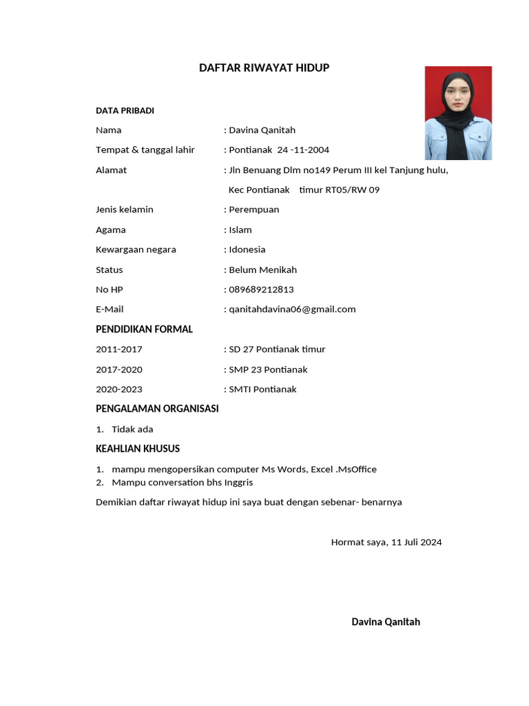 DAFTAR RIWAYAT HIDUP DAVIN | PDF