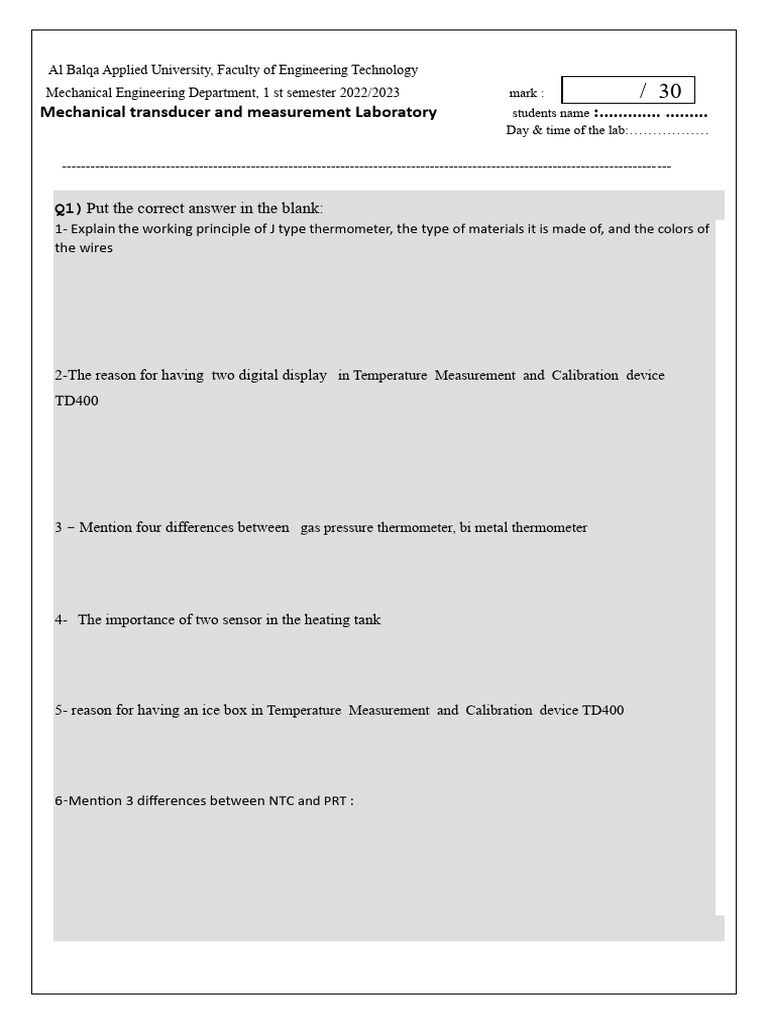 Mechanical Transducer Lab Questions | PDF | Thermometer | Calibration