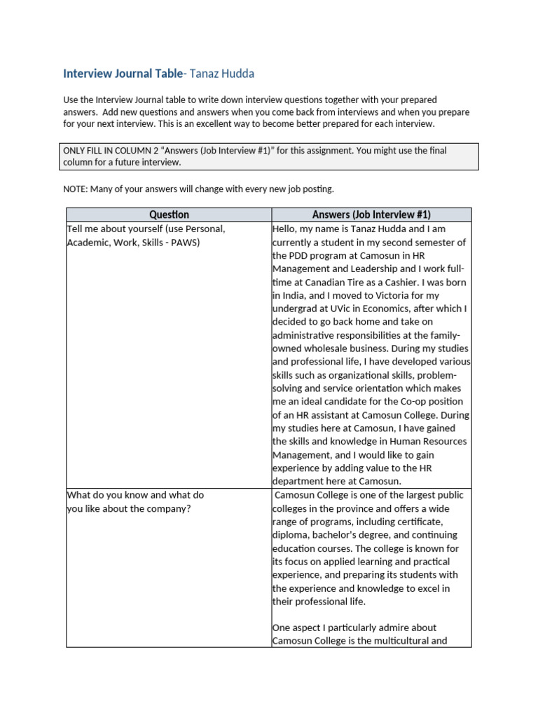 InterviewJournal TanazHudda | PDF | Recruitment | Human Resources