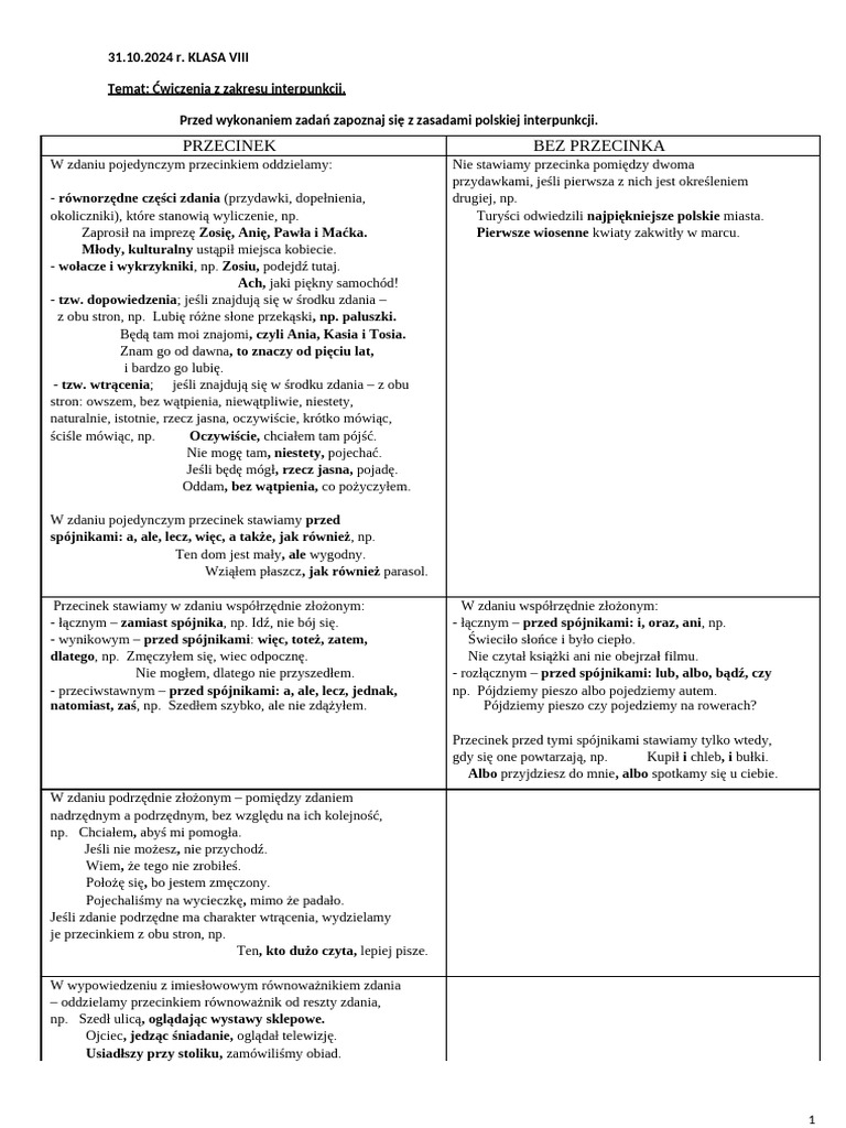 Interpunkcja Karta Pracy | PDF