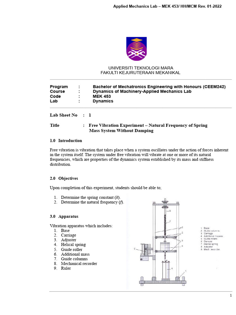 LabSheet 1-Free Vib Experiment-Student-MEK453 | PDF | Mechanical ...