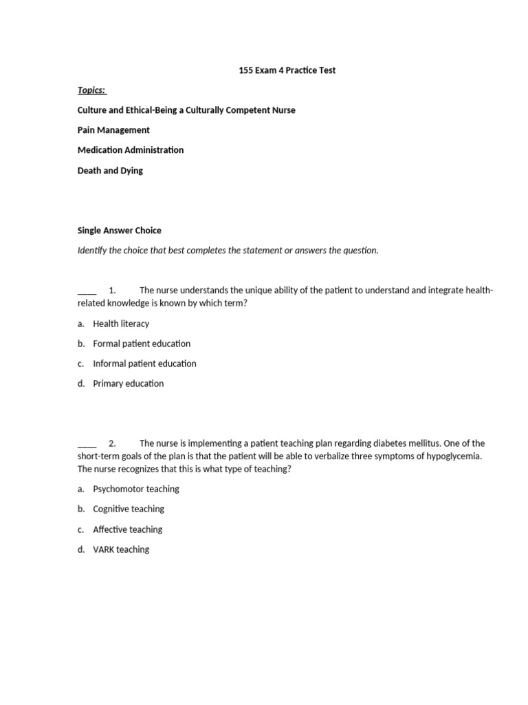 Nursing Exam 4 Practice Test | PDF | Terminal Illness | Nursing