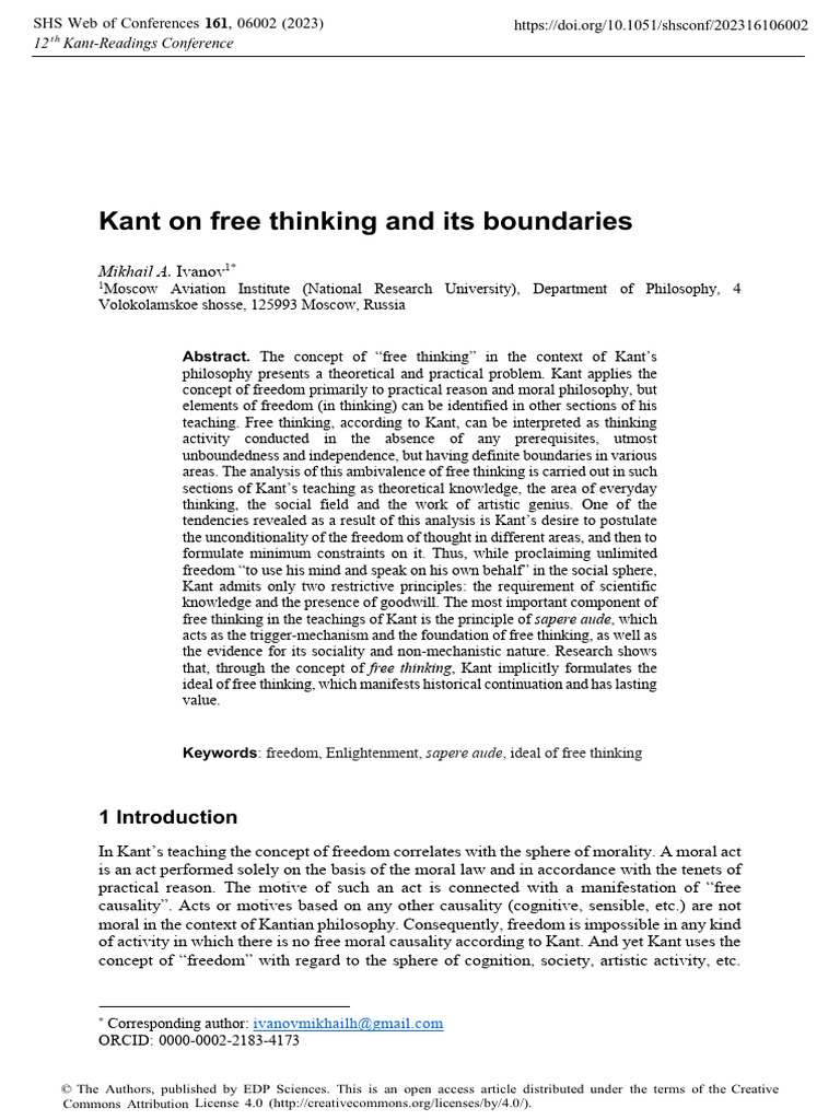 Kant On Free Thinking and Its Boundaries | PDF | Immanuel Kant | Free Will