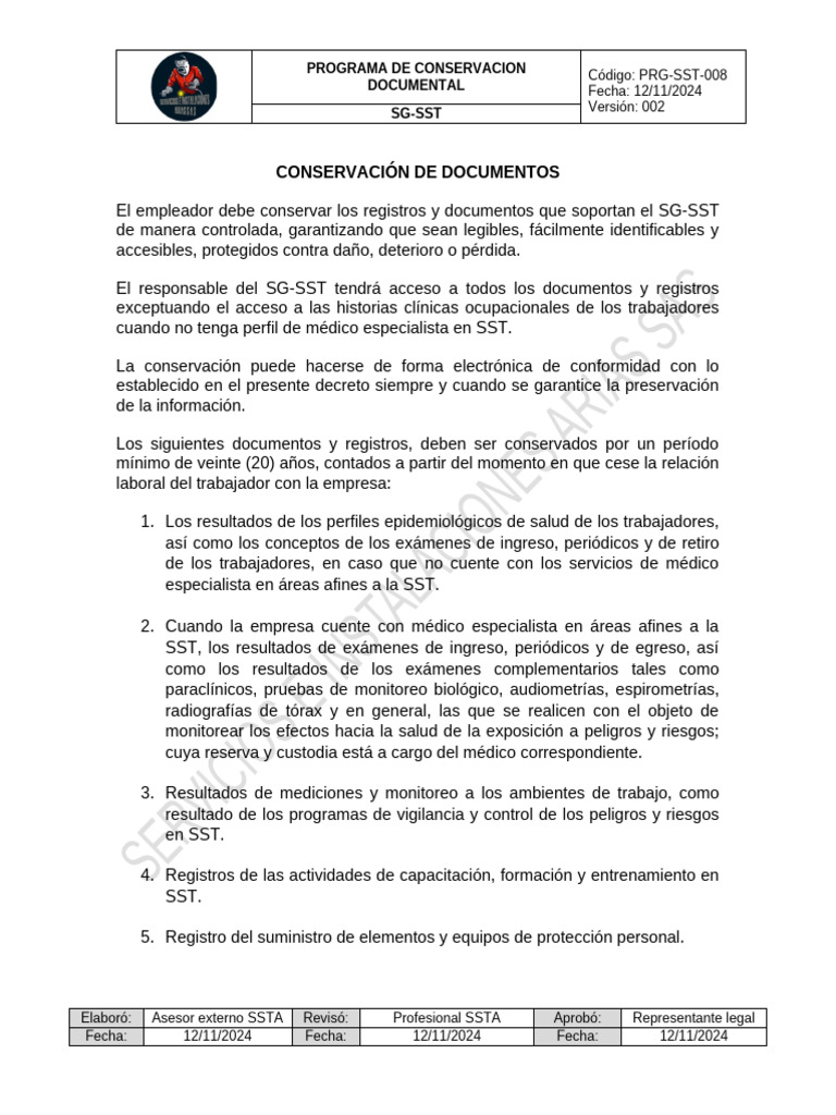 PRG-SST-008 Programa de Conservación documental | PDF