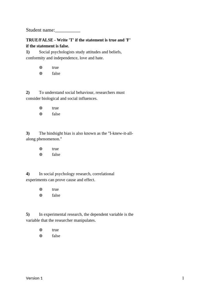 Social Psychology True/False Quiz | PDF | Social Psychology | Experiment