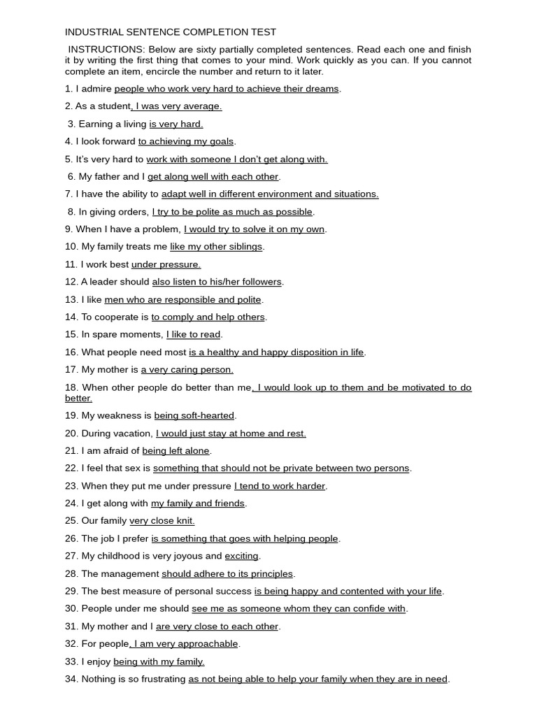 Industrial Sentence Completion Test | PDF | Psychology | Psychological ...