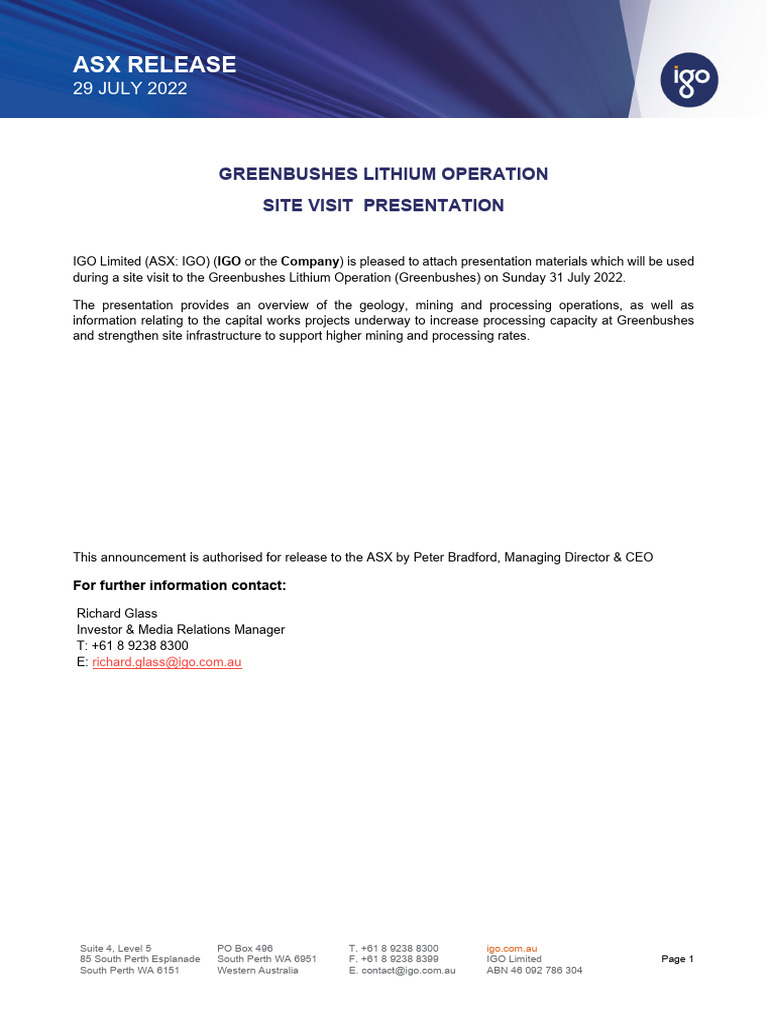 Greenbushes Lithium Operation Overview | PDF | Minerals | Mining