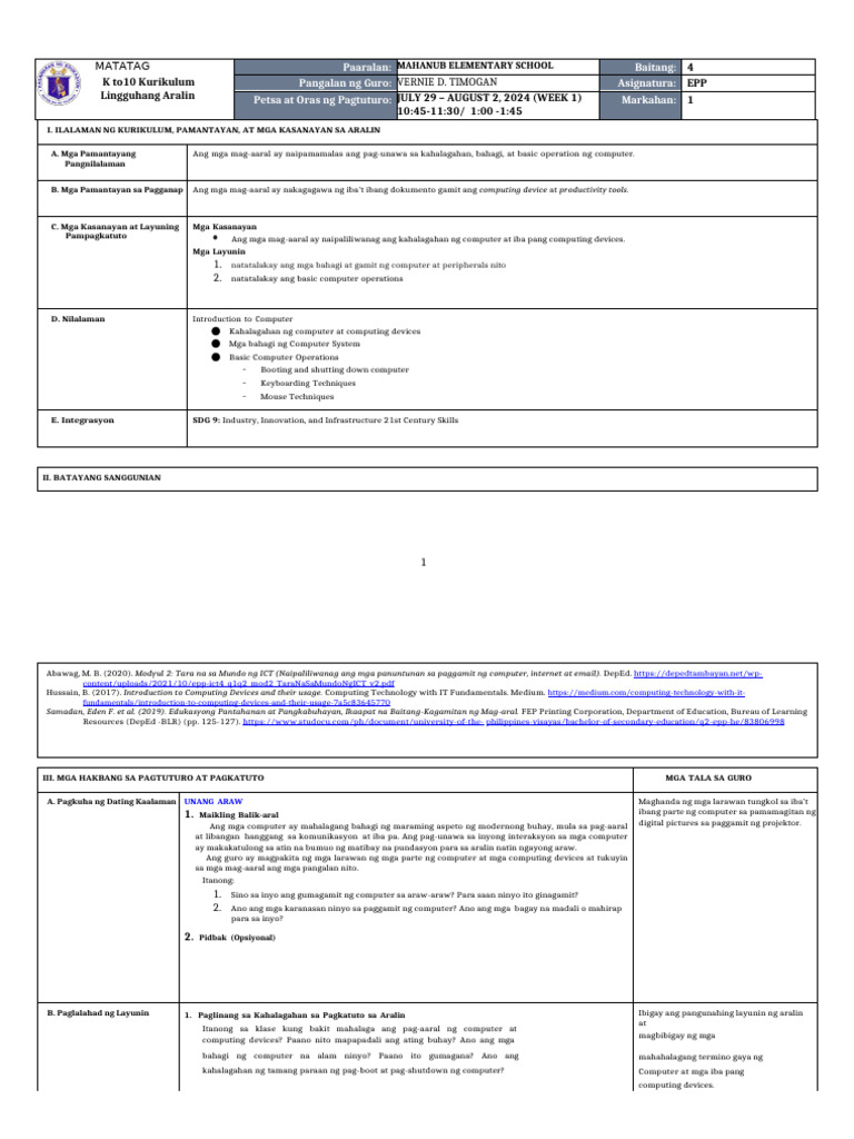 DLL Matatag - Epp 4 q1 w1 | PDF