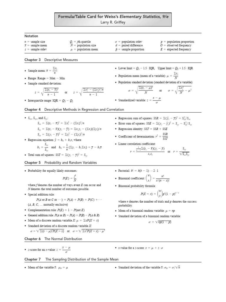 estat9e_Formula Card | PDF | Chi Squared Test | Analysis Of Variance