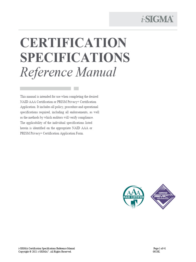I-SIGMA Certification Specifications Reference Manual - 0923K | PDF ...
