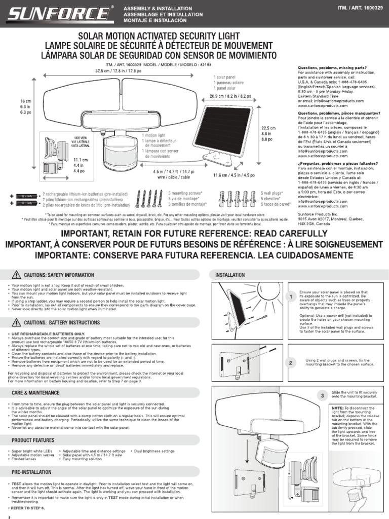 Costco Sunforce 2000 Lumen LED Motion Activated Solar Security Light 82193-manual | PDF