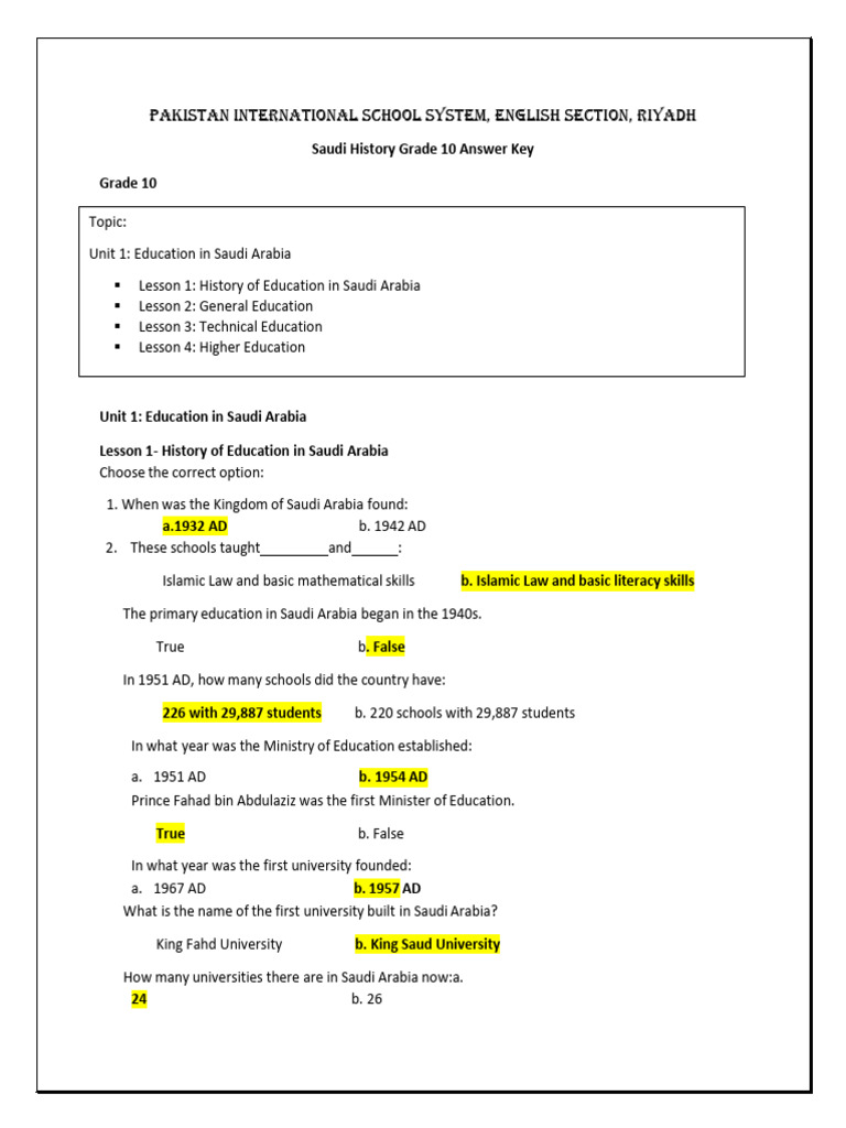 Grade-10-Saudi History Worksheet Answer Key First Term 2024-25 | PDF ...