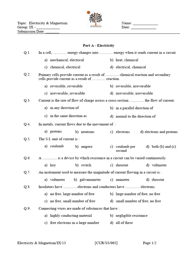 Worksheet Magnetism and electricity class IX | PDF | Electricity | Magnetism