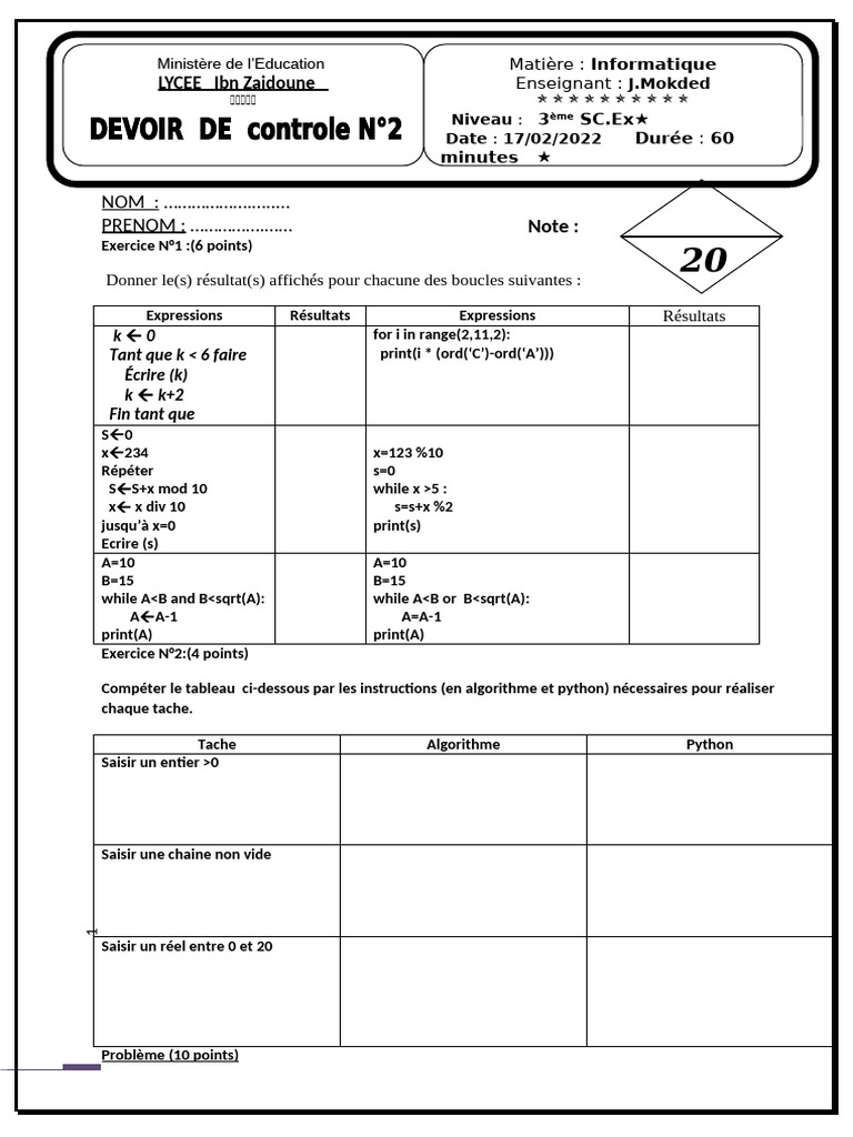 Devoir Controle 2 3math | PDF | Informatique | Programmation informatique