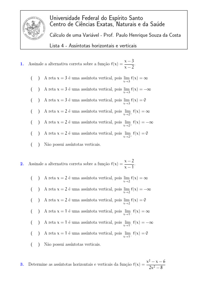 Lista 4 - Assintotas Horizontais e Verticais | PDF | Analise matemática ...