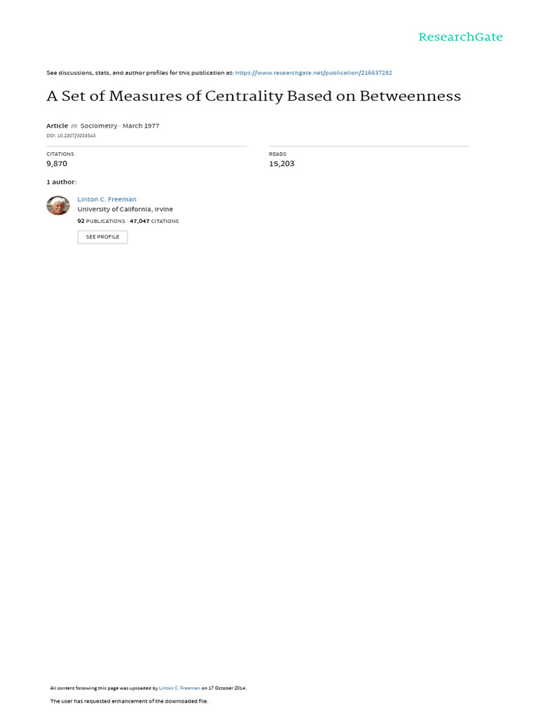 A Set Of Measures Of Centrality Based On Betweenne Pdf