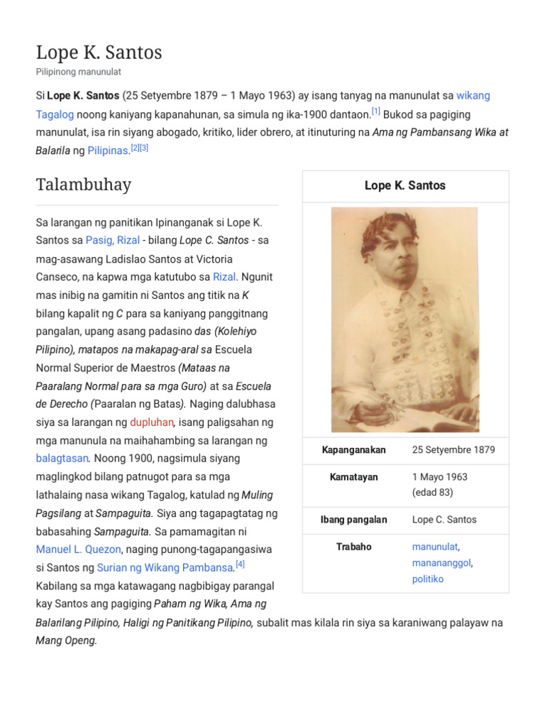 Lope K. Santos - Wikipedia, Ang Malayang Ensiklopedya | PDF