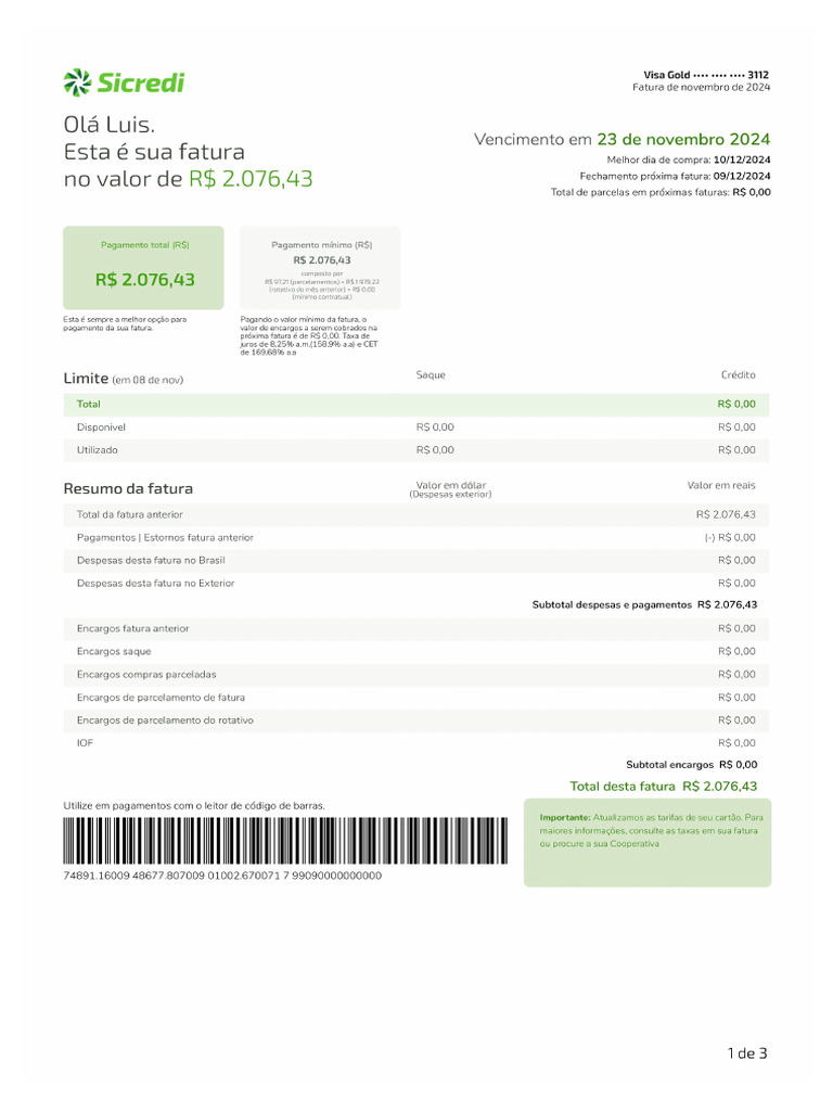 Fatura Sicredi Novembro | PDF