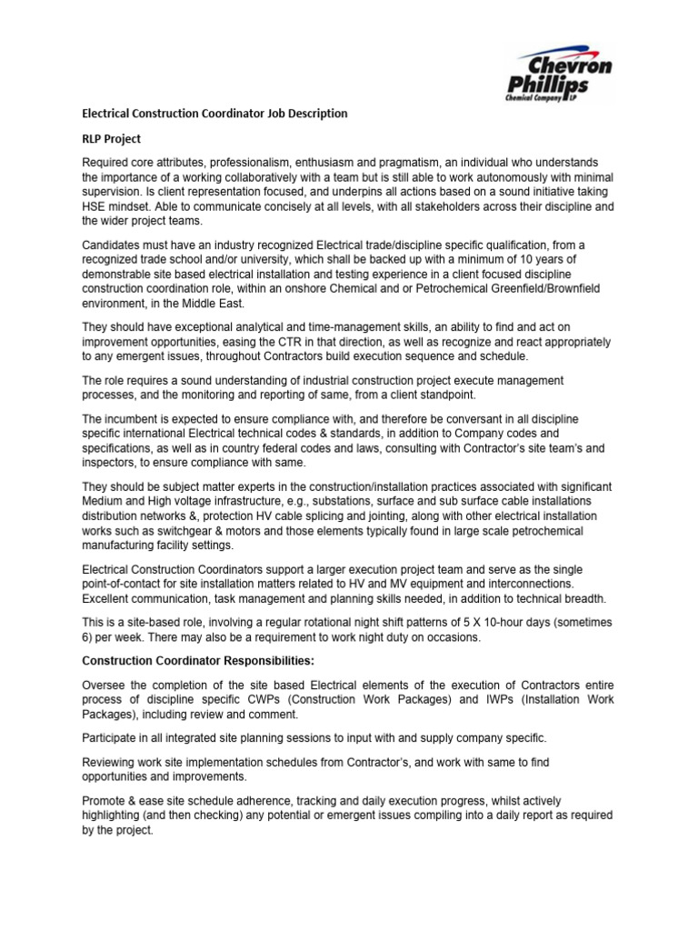 Electrical Construction Coordinator | PDF | Engineering