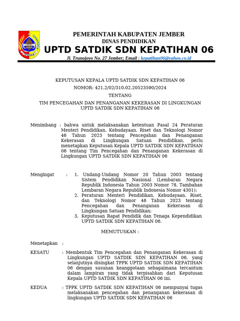 SK Tim Pencegahan Dan Penanganan Kekerasan (TPPK) | PDF